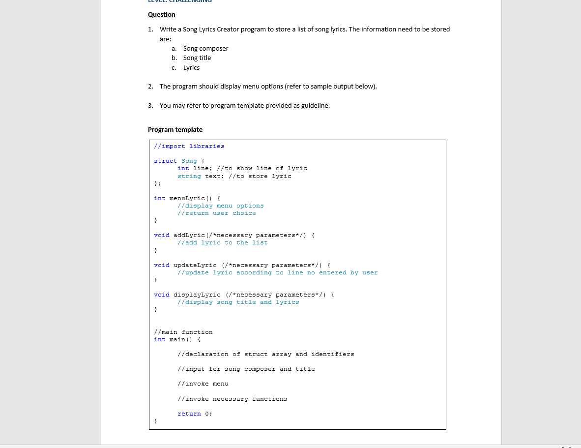 Solved Question 1. Write a Song Lyrics Creator program to | Chegg.com