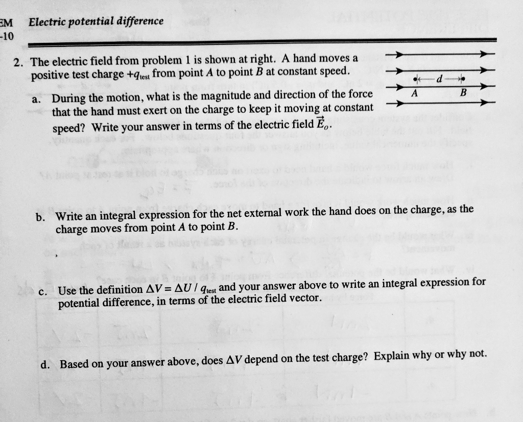 Solved EM Electric potential difference -10 2. The electric | Chegg.com
