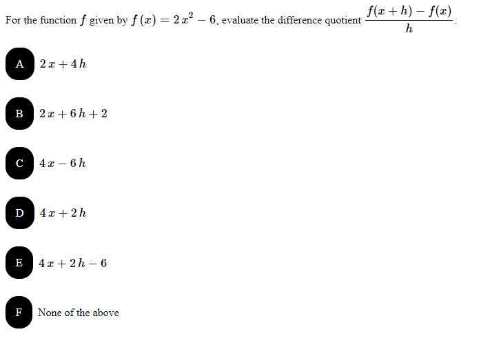 Solved For the function f given by f(x)=2x2−6, evaluate the | Chegg.com