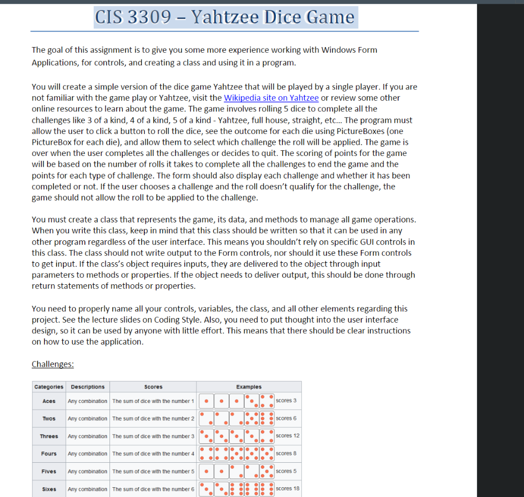 Solved CIS 3309 – Yahtzee Dice Game The goal of this | Chegg.com