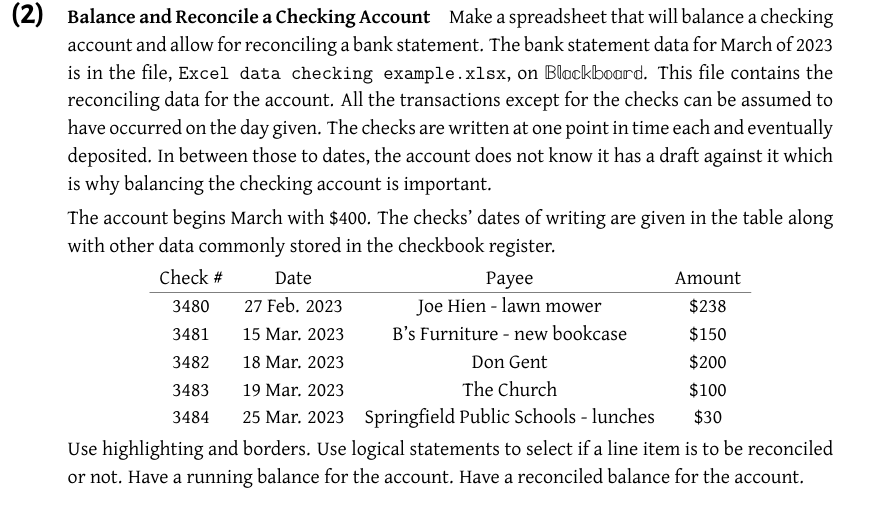Solved (2) ﻿Balance and Reconcile a Checking Account Make a | Chegg.com
