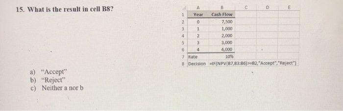 Solved 15. What is the result in cell B8? 1 Year Cash Flow | Chegg.com