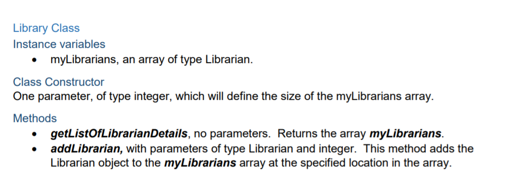 Solved Library Class Instance variables myLibrarians, an | Chegg.com