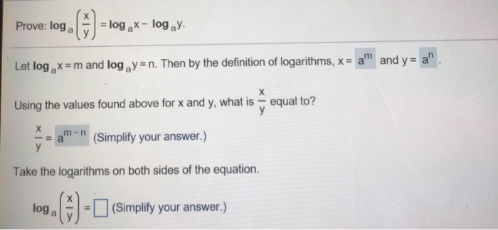 Solved Prove loga(5)-loga-logay Let log ax s m and log ay n. | Chegg.com