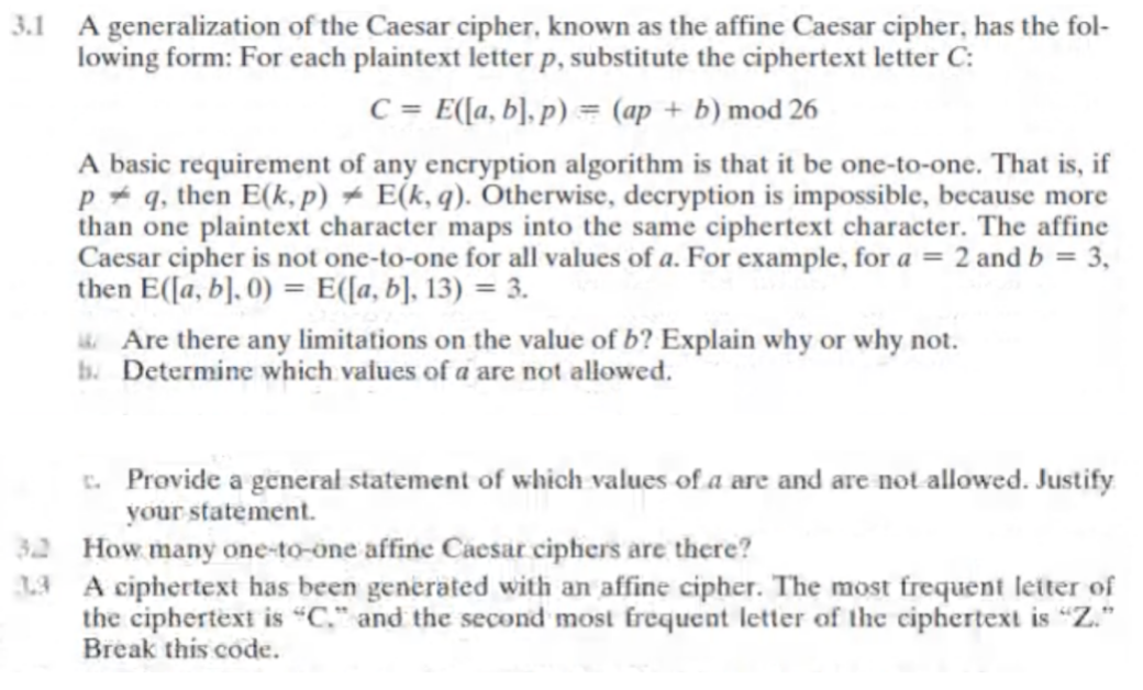 Solved 3.1 A generalization of the Caesar cipher, known as | Chegg.com