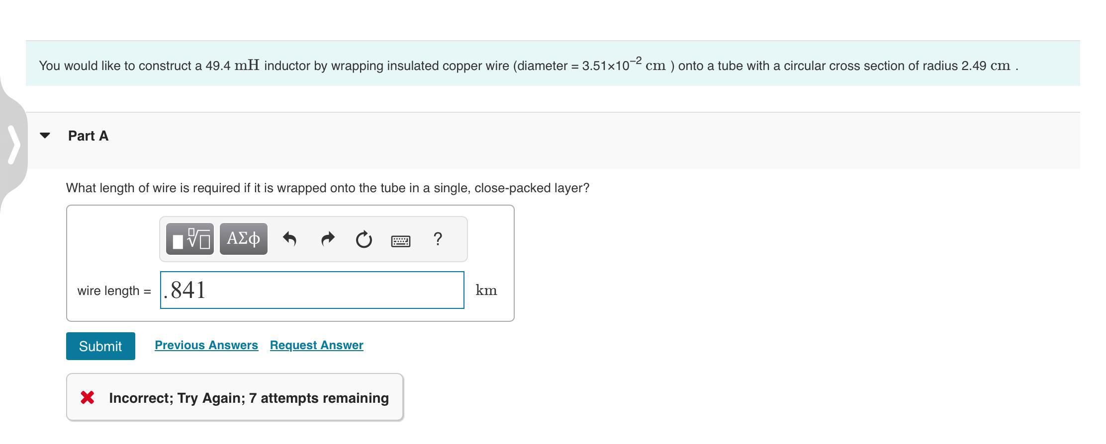 Solved You would like to construct a 49.4mH inductor by | Chegg.com