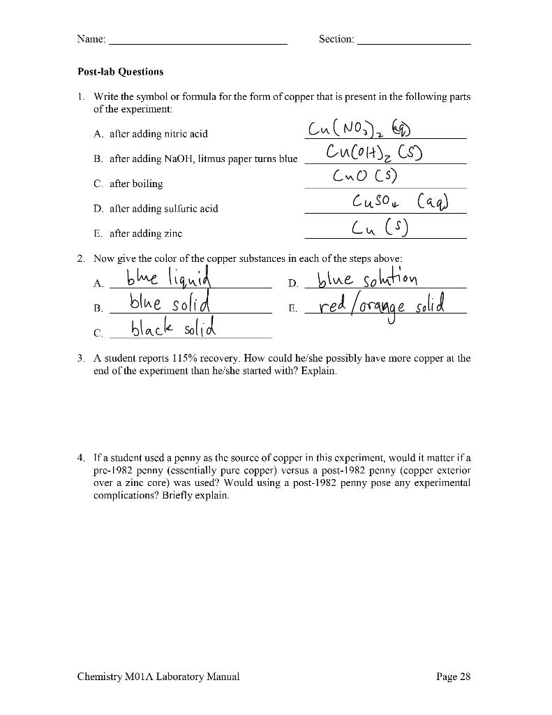 Solved Name: Section: Experiment #6: Synthesis of Copper(II) | Chegg.com
