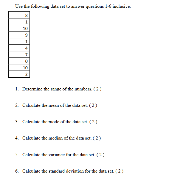 Solved Use the following data set to answer questions 1-6 | Chegg.com