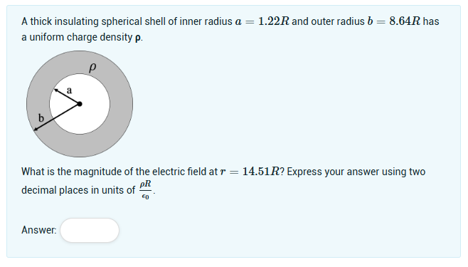 Solved A thick insulating spherical shell of ﻿inner radius | Chegg.com