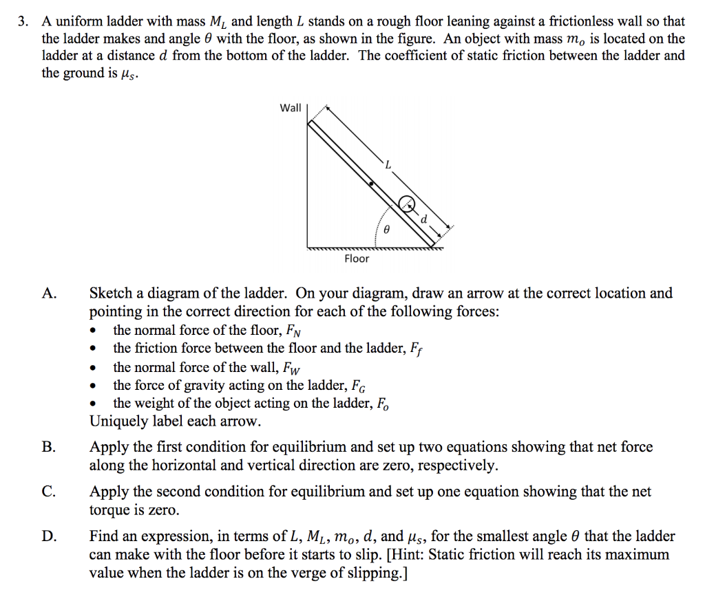 Solved 3. A uniform ladder with mass M, and length L stands | Chegg.com