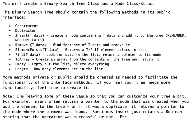 You will create a Binary Search Tree Class and a Node | Chegg.com