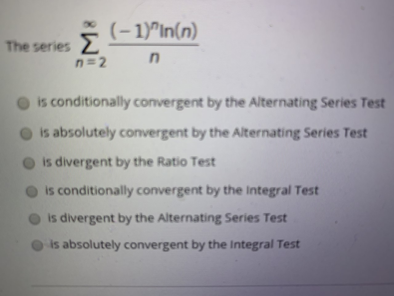 Solved (-1)"in(n) The series n=2 n is conditionally | Chegg.com