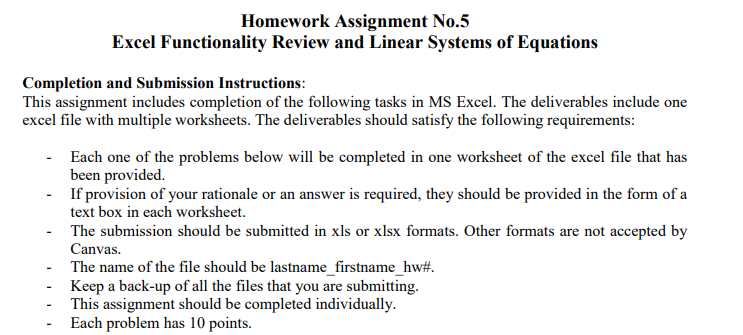 Solved Excel Functionality Review and Linear Systems of | Chegg.com