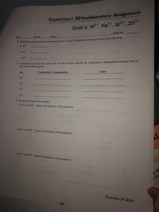 Solved Experiment 39 Qual II. Ni2+, Fe3+ Als+ Zn2+ ions | Chegg.com