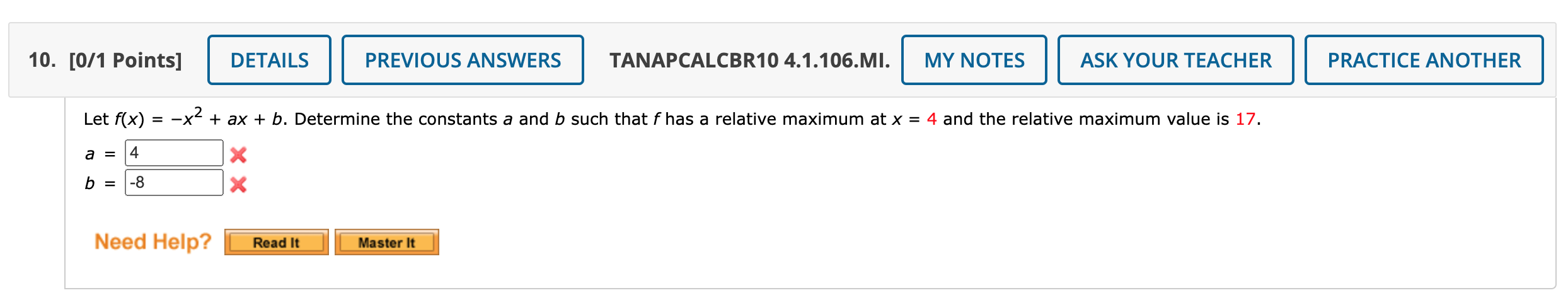 Solved Let f(x)=−x2+ax+b. Determine the constants a and b | Chegg.com