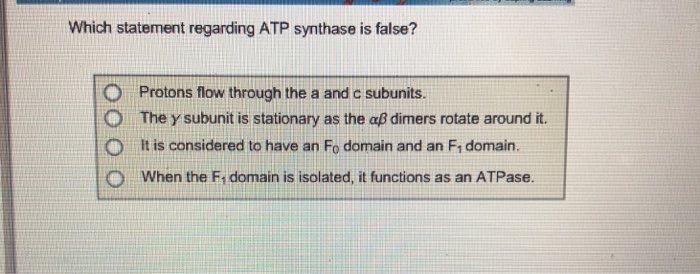 Solved Which statement regarding ATP synthase is false? O | Chegg.com