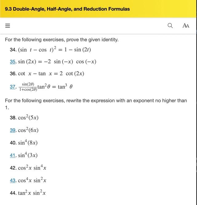 9.3 Double-Angle, Half-Angle, and Reduction Formulas | Chegg.com