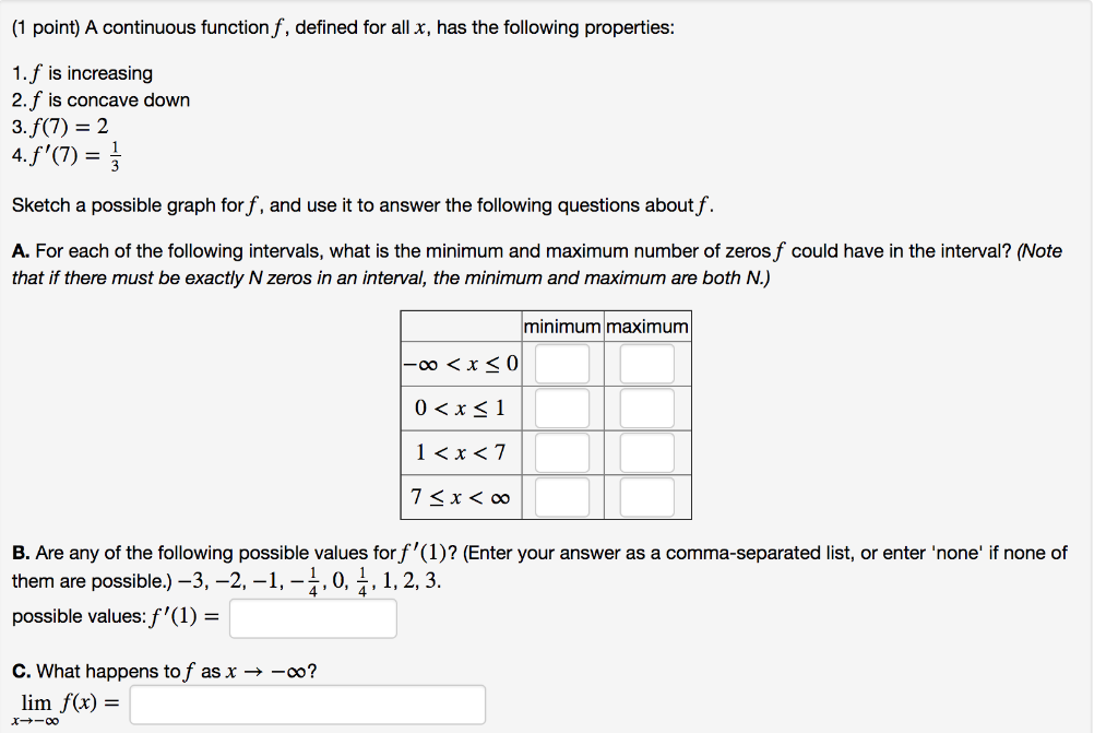 Solved 1 point) A continuous function f, defined for all x, | Chegg.com