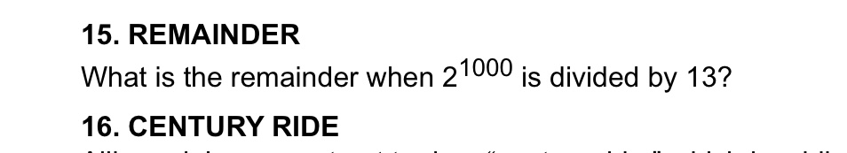 Solved 15. REMAINDER What is the remainder when 21000 is | Chegg.com