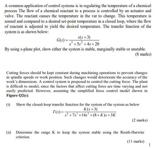 Solved A common application of control systems is in | Chegg.com