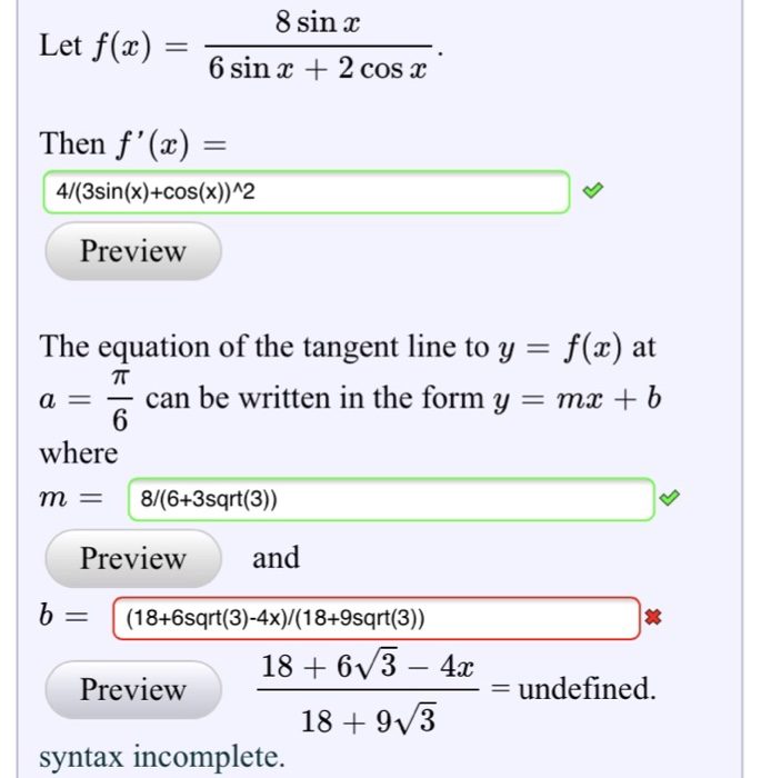 Solved 8 sin x Let f(x) = 6sin x + 2 cos x Then f'() | Chegg.com