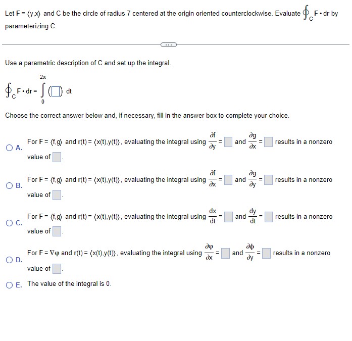 Solved Let F= y,x and C be the circle of radius 7 centered | Chegg.com