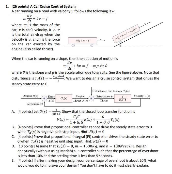 Solved 1. (26 points] A Car Cruise Control System A car | Chegg.com