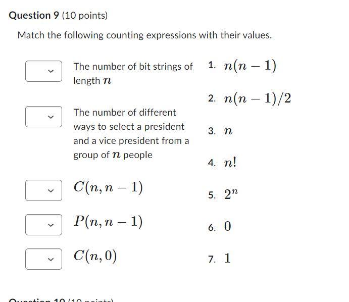 Solved Question 9 (10 points) Match the following counting | Chegg.com