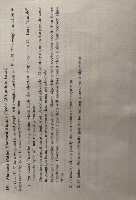 Solved IV. Shortest Paths: Shortest Simple Cycle (30 points | Chegg.com