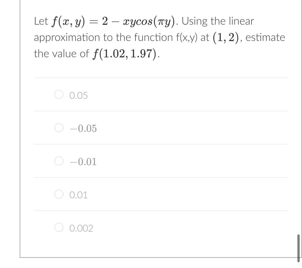 Solved Let f(x,y)=2−xycos(πy). Using the linear | Chegg.com