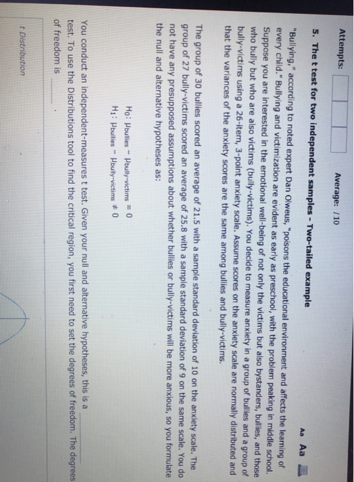 Solved Attempts: Average: /10 5. The t test for two | Chegg.com