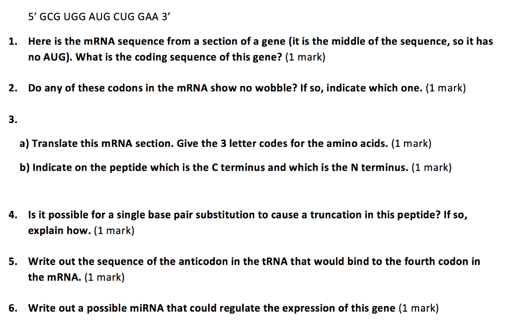 Solved 5' GCG UGG AUG CUG GAA 3' 1. Here is the mRNA | Chegg.com