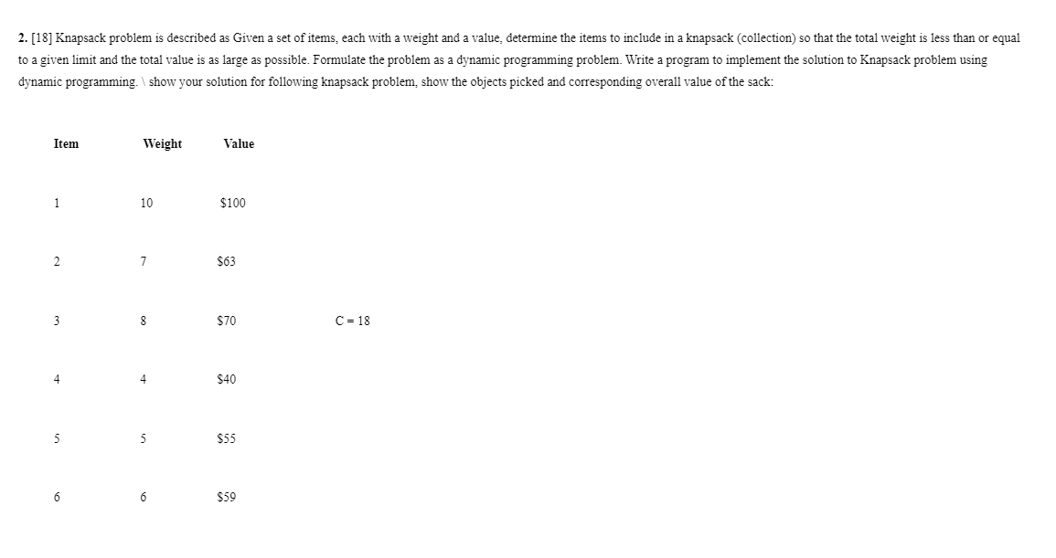 Solved 2. [18] Knapsack problem is described as Given a set | Chegg.com