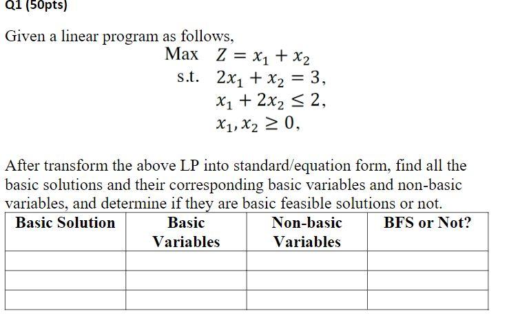 Solved Q1 (50pts) Given a linear program as follows, Max Z = | Chegg.com