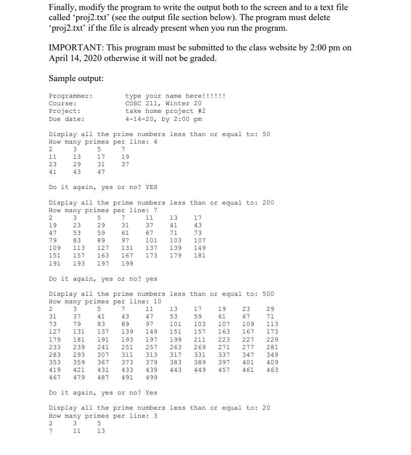Solved COSC 211, Take Home Project 2 Due Date: April 14, | Chegg.com