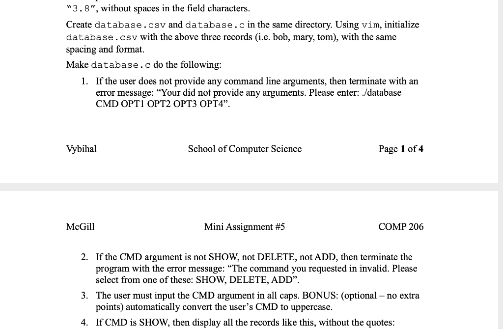 QUESTION Write a C program called: ./database CMD | Chegg.com