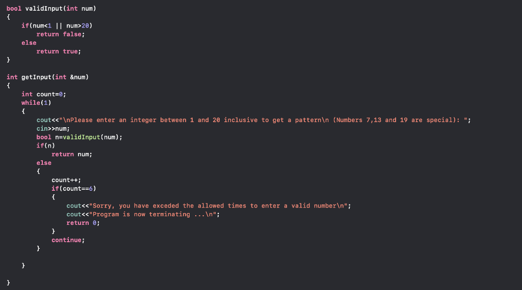 Solved bool validInput (int num) if (num 20) return | Chegg.com