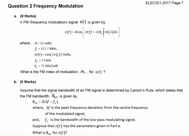 Solved ELEC321-2017 Page7 Question 2 Frequency Modulation a. | Chegg.com