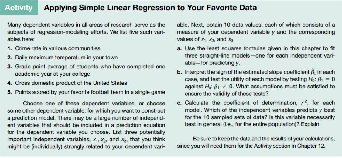 Solved Activity Applying Simple Linear Regression to Your | Chegg.com