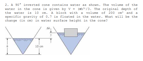 Solved 2. A 90∘ inverted cone contains water as shown. The | Chegg.com