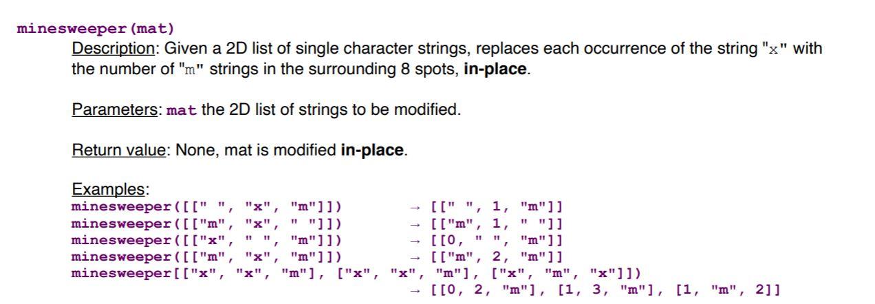 Solved minesweeper (mat) Description: Given a 2D list of | Chegg.com