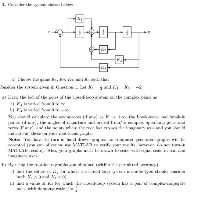Solved 1. Consider the system shown below: K1 -20 y K2 K3 K4 | Chegg.com