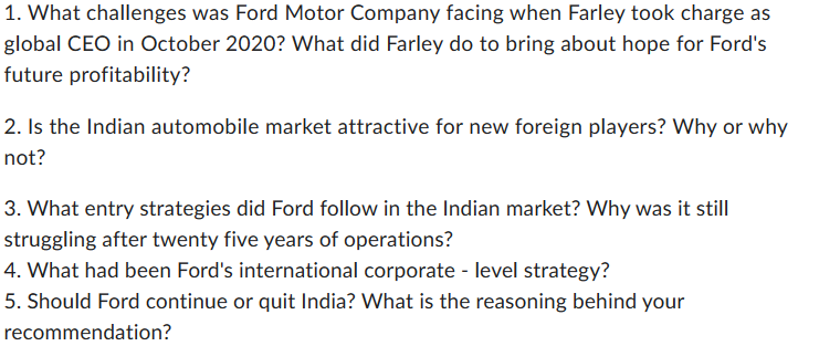 Solved 1. What challenges was Ford Motor Company facing when | Chegg.com