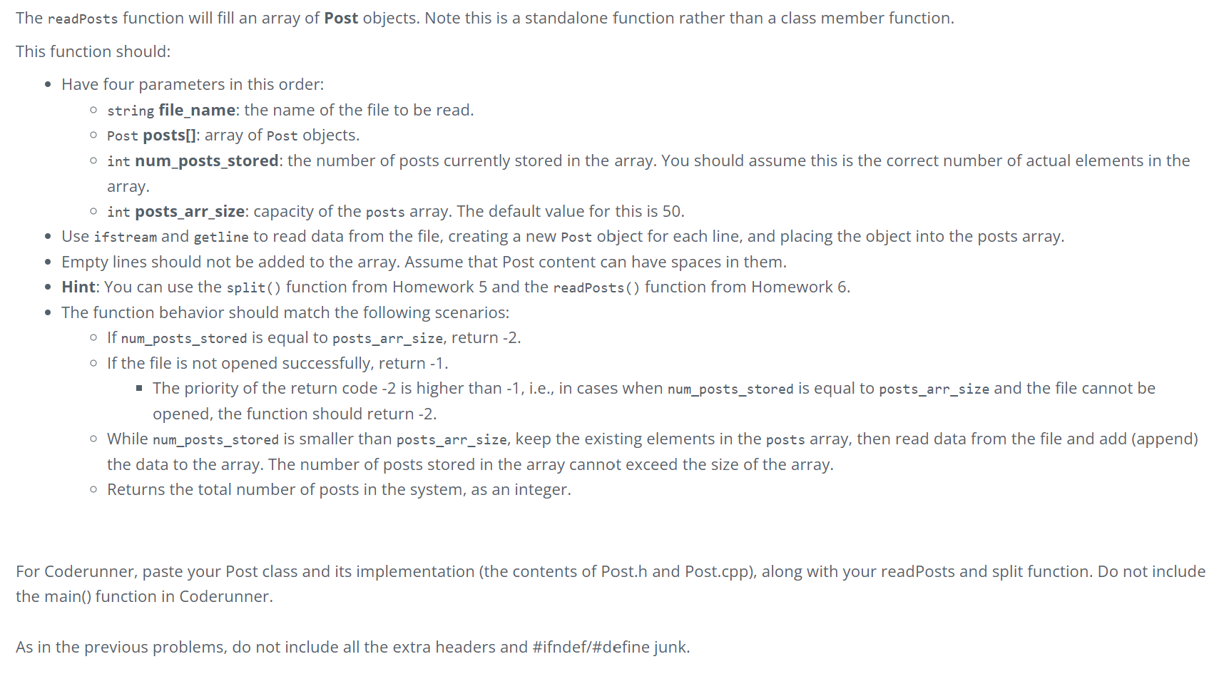 Solved The readPosts function will fill an array of Post | Chegg.com