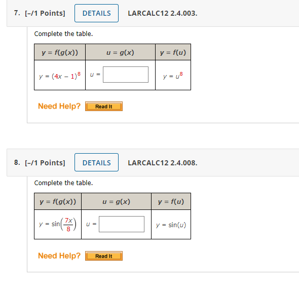 Solved 1 Points] LARCALC12 2.4.003. Complete the table. 1 | Chegg.com