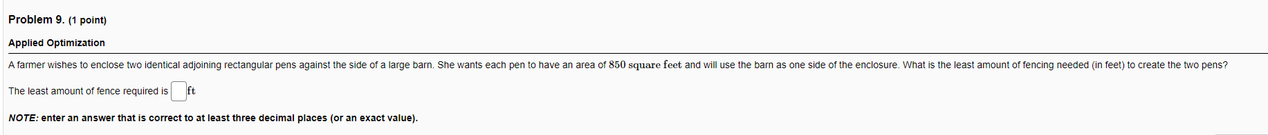 Solved Problem 9. (1 point) Applied Optimization A farmer | Chegg.com