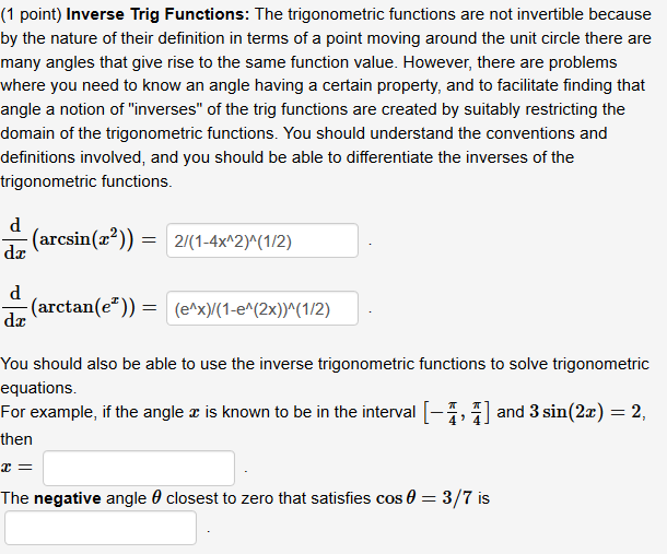 Solved (1 point) Inverse Trig Functions: The trigonometric | Chegg.com