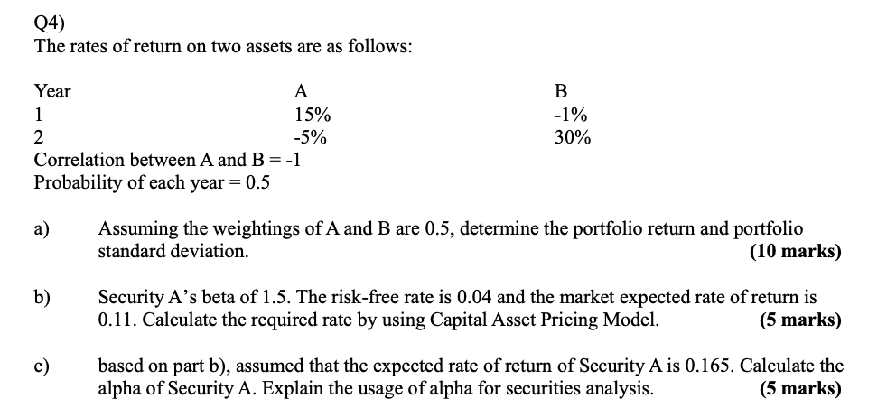 Solved Q4) The rates of return on two assets are as follows: | Chegg.com