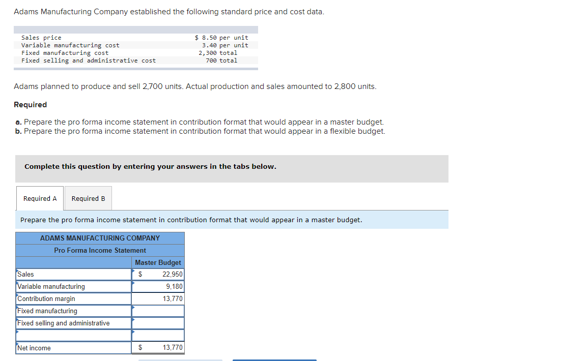 Solved Adams Manufacturing Company established the following | Chegg.com