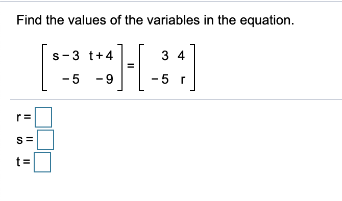 Solved Find the values of the variables in the equation. S- | Chegg.com